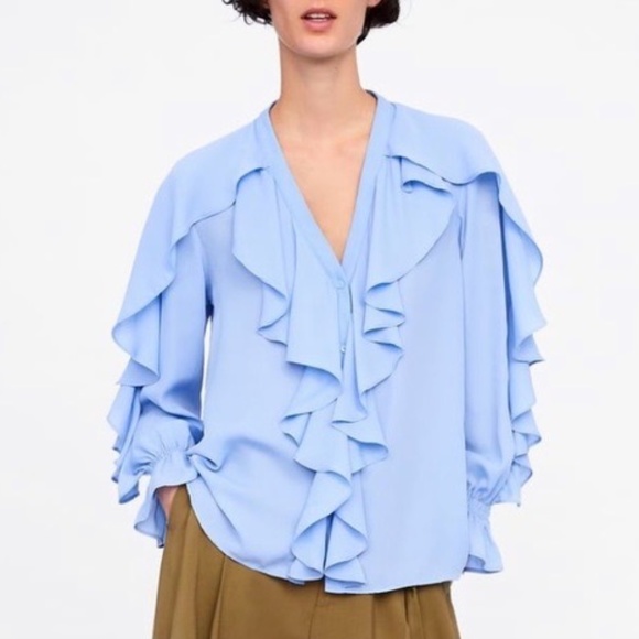 Zara | Tops | Zara Sky Blue Ruffle Blouse | Poshmark